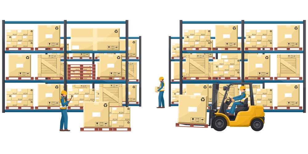 Warehouse with metal racks forklift loading boxes Vector Image