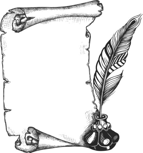 Hand-drawn paper scroll feather and inkwell Vector Image Hand-drawn paper scroll feather and inkwell Vector Image