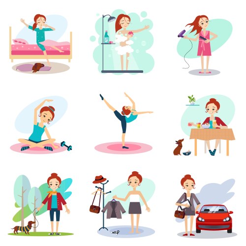 Little girl does daily routine set Royalty Free Vector Image