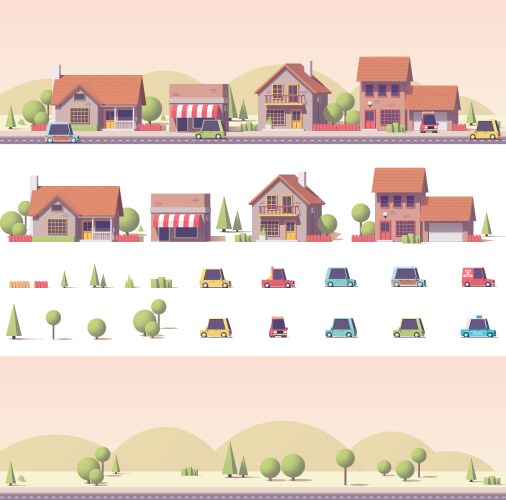 Low poly 2d buildings and city scene Royalty Free Vector