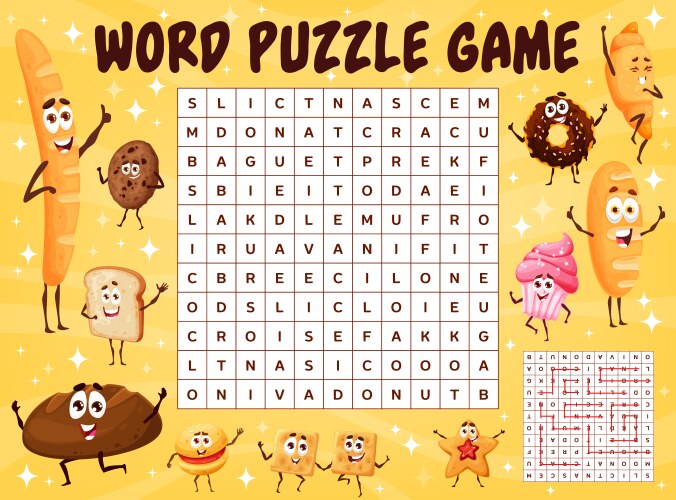Word search puzzle with cartoon bread characters Vector Image