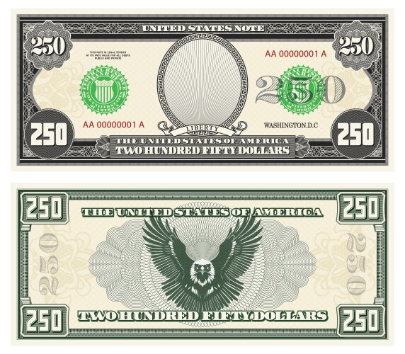 Sample paper certificate for 250 dollars obverse Vector Image