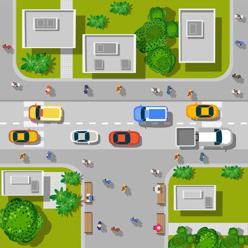Road intersection with cars top view Royalty Free Vector