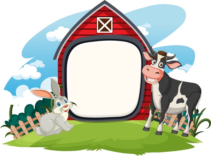 Cartoon cow and rabbit beside a barn frame Vector Image