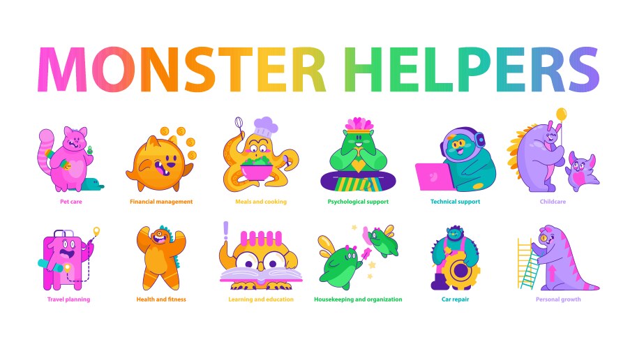 Monster helpers flat Royalty Free Vector Image