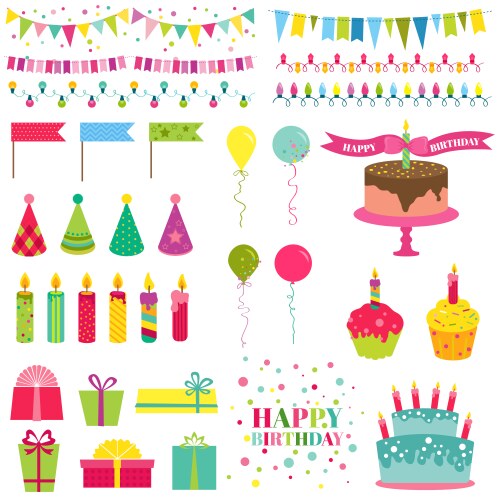 Happy birthday symbols set Royalty Free Vector Image