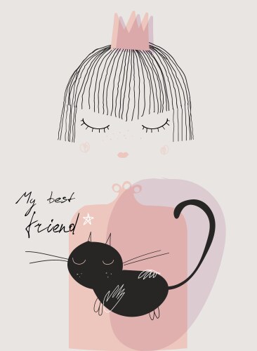 Cute little princess with black cat Royalty Free Vector