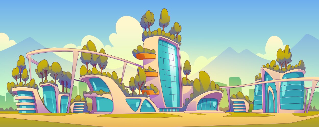 Cartoon futuristic smart city landscape with glass