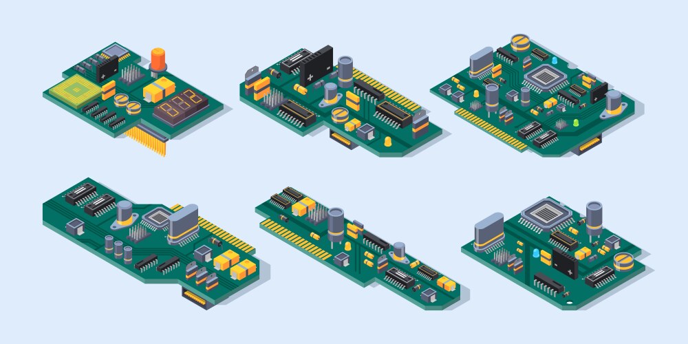 Isometric microchips and electronic parts Vector Image