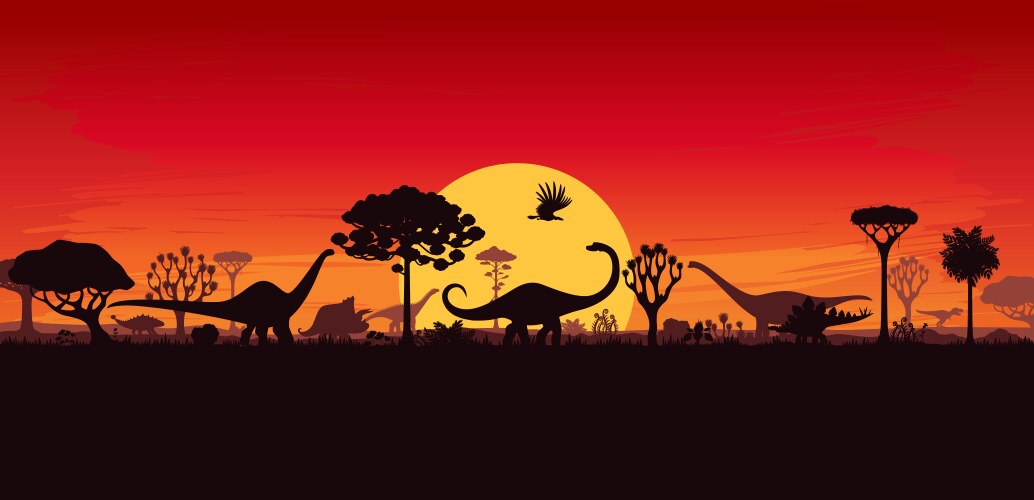 Sunset landscape prehistoric dinosaur silhouettes Vector Image