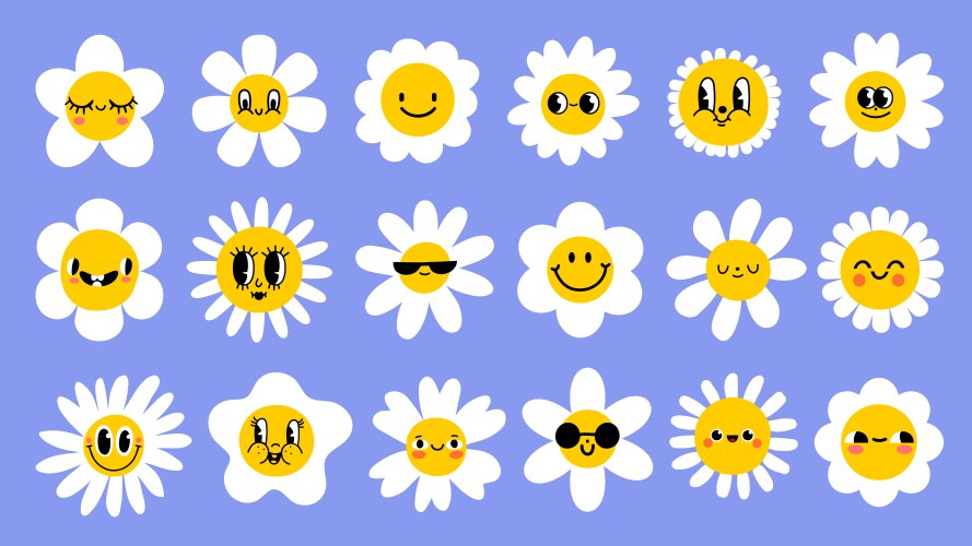 Groovy flower characters funny daisy with smile Vector Image