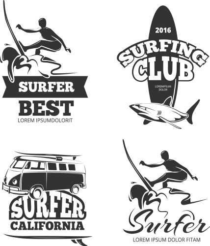 Vintage surf logos monochrome set Royalty Free Vector Image