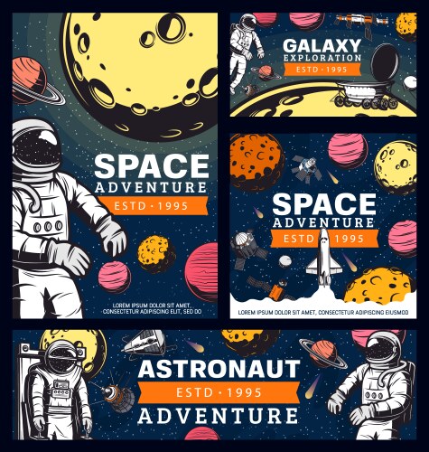 Space adventure set posters colorful Royalty Free Vector