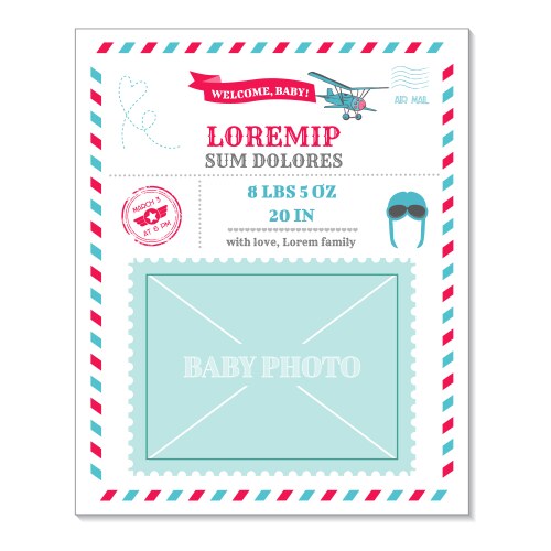 Baby boy arrival card with photo frame Royalty Free Vector