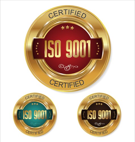 Iso 9001 certified golden badge Royalty Free Vector Image