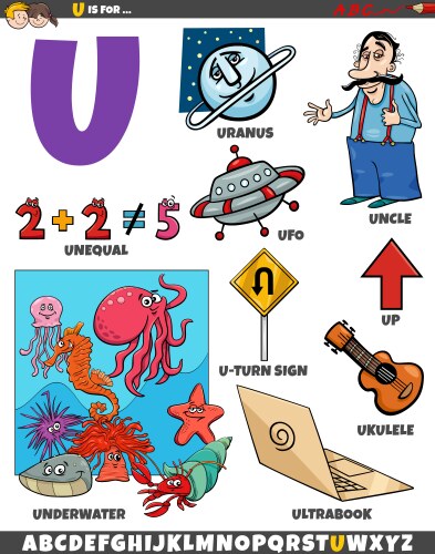 Letter u words educational set with cartoon Vector Image