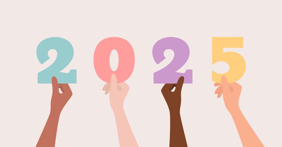 Hands putting together multicolored number 2025 Vector Image