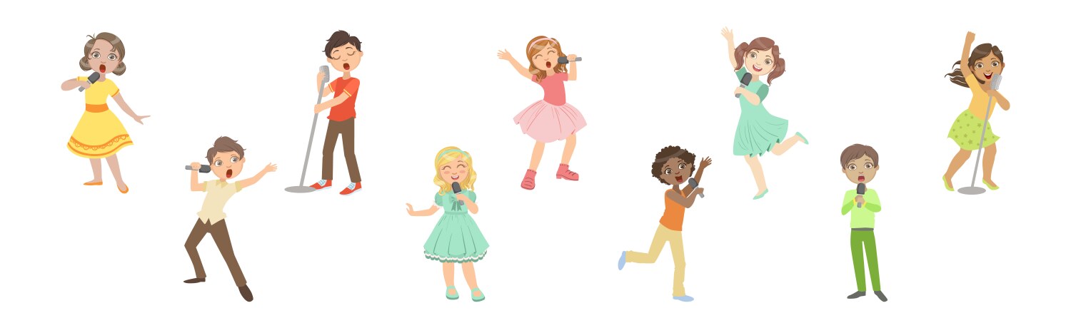 Little children singing with microphone performing