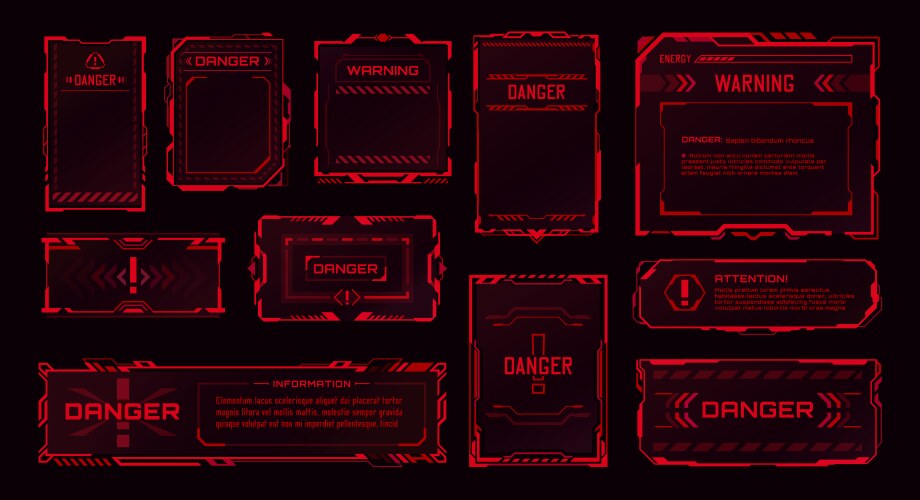 Danger and dangerous zone warning red frames hud Vector Image