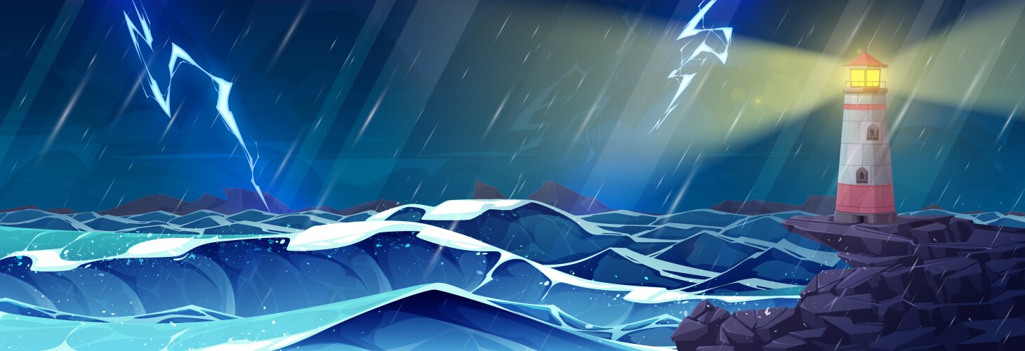 Cartoon thunder storm sea with lighthouse at night