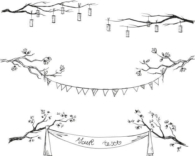 Doodle tree branches and party flags Royalty Free Vector