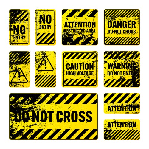 Various yellow grunge warning signs with diagonal Vector Image