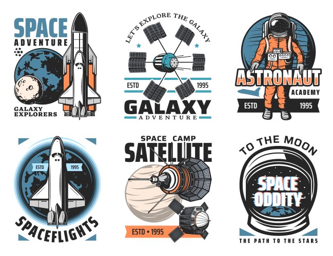 Monochrome space ufo and planet labels logos Vector Image