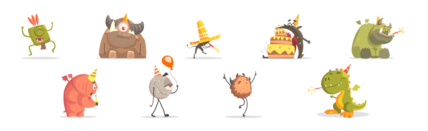 Toy monster with birthday party object set Vector Image