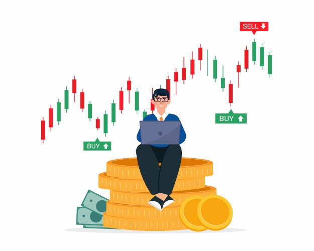 Trader sitting on piggybank money buy sell stock Vector Image