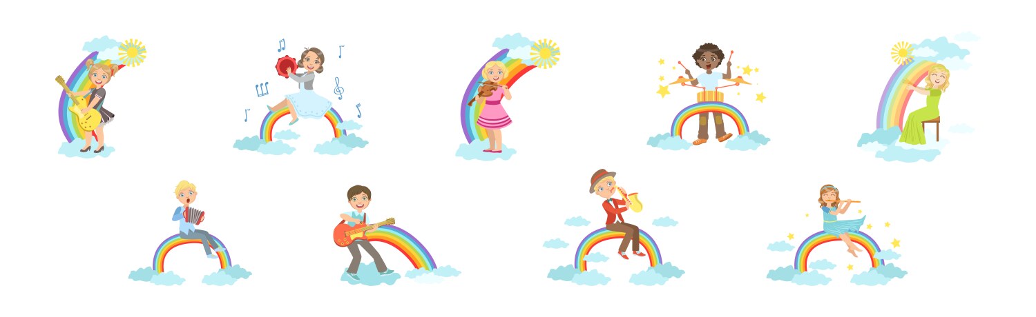 Kid playing musical instrument on rainbow Vector Image