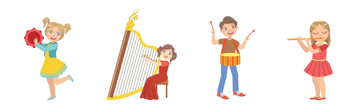 Kid playing musical instrument on rainbow Vector Image