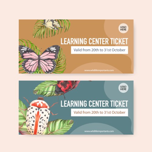 Insect and bird ticket design with butterfly bee Vector Image