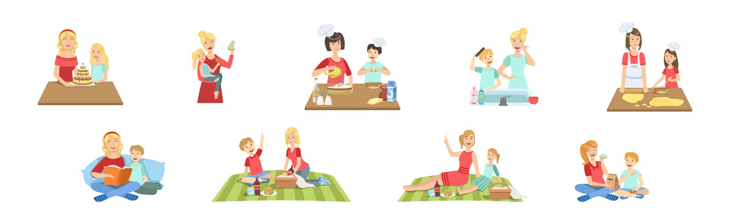 Mother and kid engaged in daily activity Vector Image