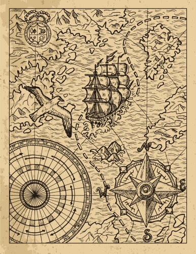 Pirate treasure map with compass and ships Vector Image