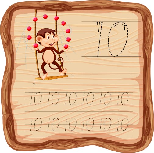 Number ten tracing worksheets Royalty Free Vector Image