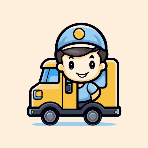 Cute boy with delivery van of a cartoon character Vector Image