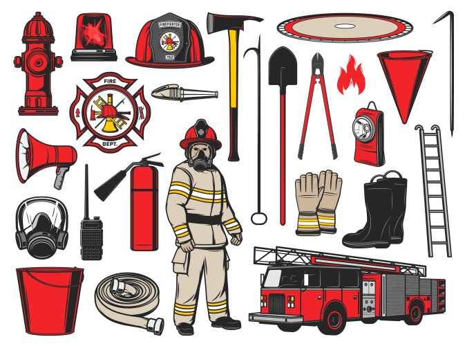 Cartoon firefighter equipment fire fighting tools Vector Image