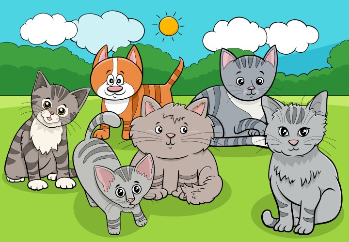 Cats group in park cartoon Royalty Free Vector Image