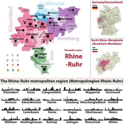 Rhine-ruhr metropolitam area map with largest Vector Image