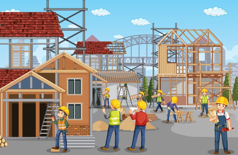 Cartoon scene of building construction site Vector Image