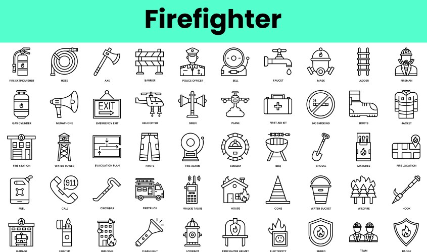 Set of firefighter icons line art style Royalty Free Vector