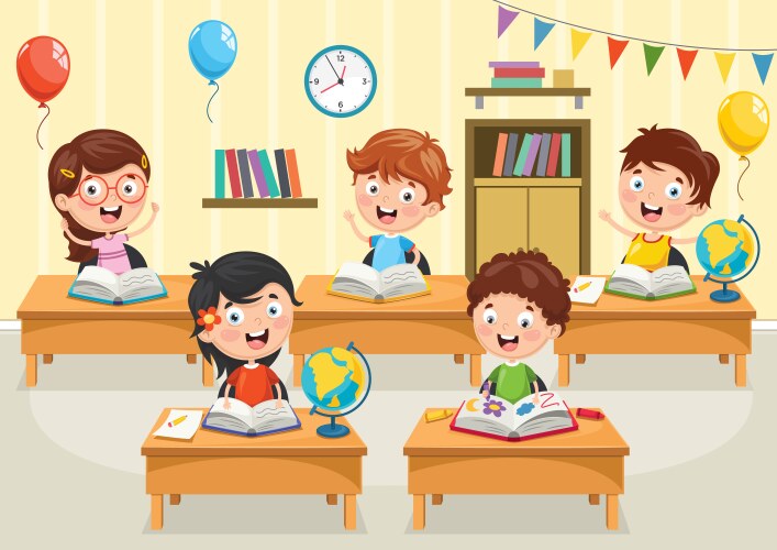 Cartoon school kids raising hand in the classroom Vector Image