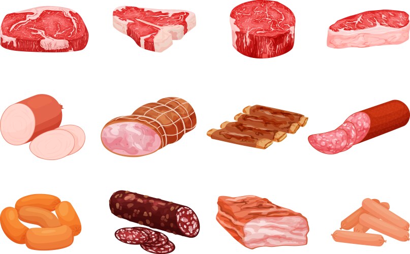 Realistic meat cow chicken pork steak grill food Vector Image