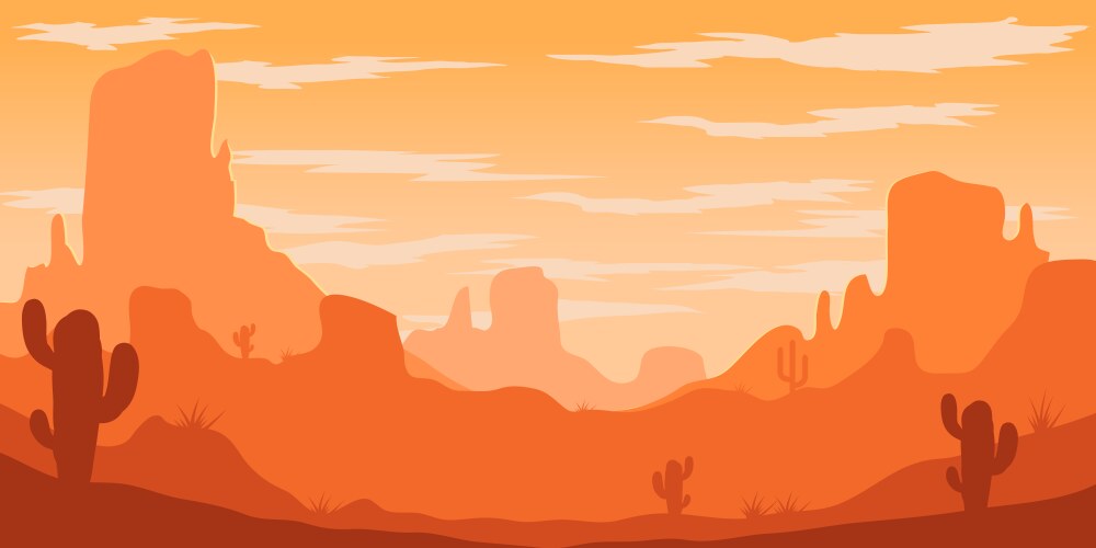 Red desert landscape with cactuses at sunset Vector Image