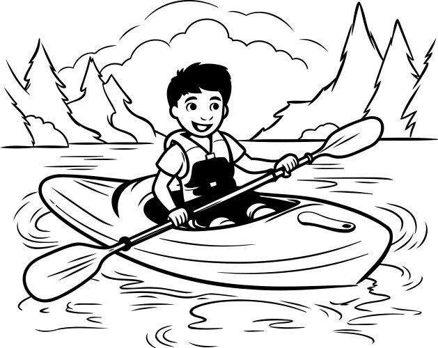 Cute boy rowing in a canoe - black and white Vector Image