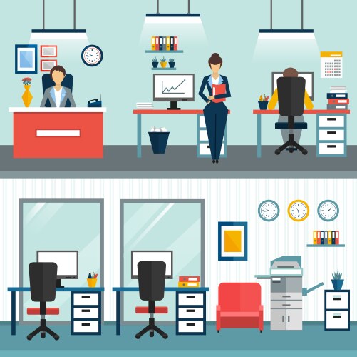 Open space office interior flat style Royalty Free Vector