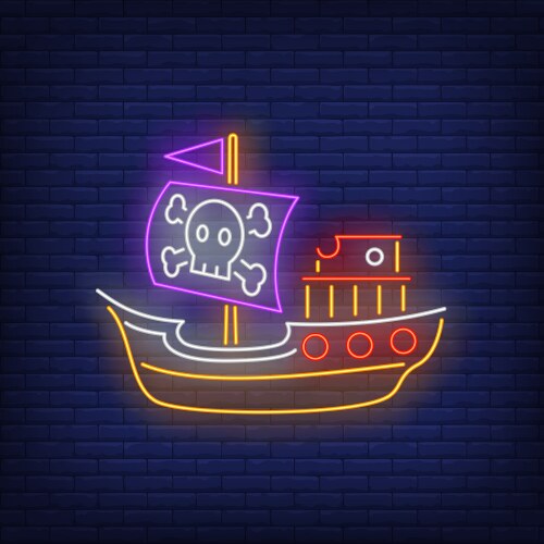 Pirate ship with jolly roger and gold neon sign Vector Image