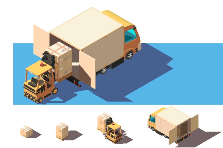Isometric forklift loading box truck Royalty Free Vector