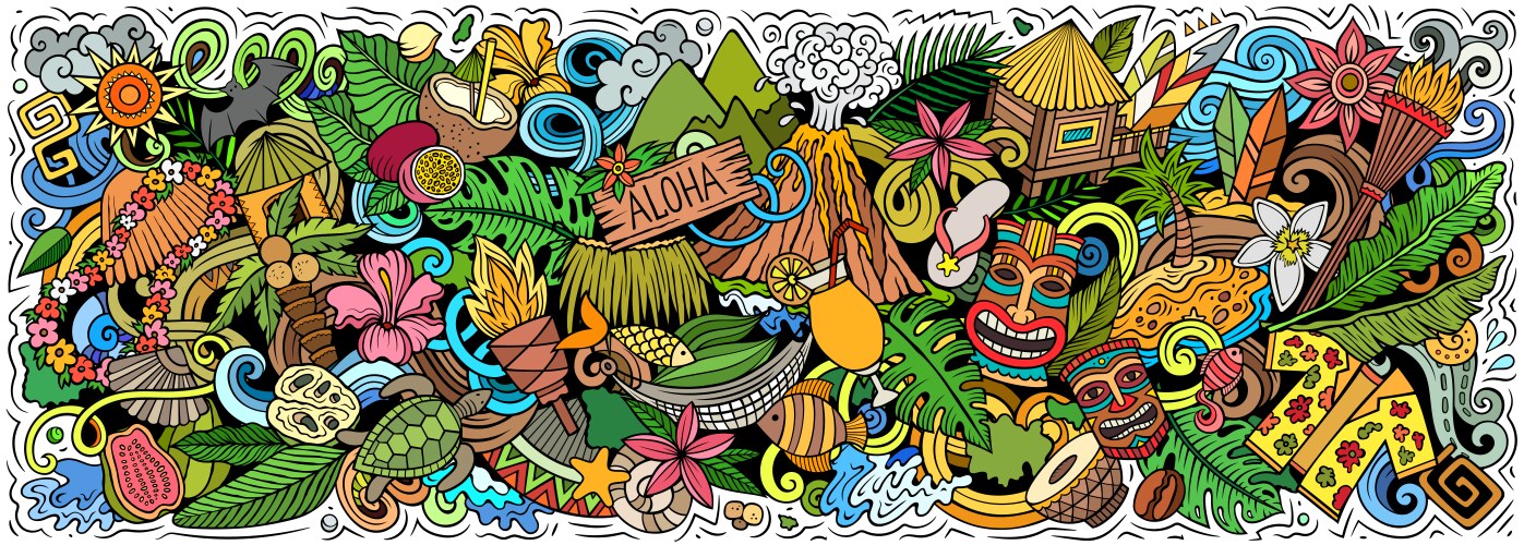 Cartoon doodles hawaii poster template Royalty Free Vector