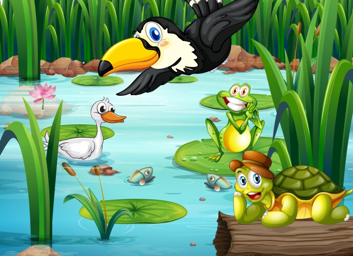 Cartoon frog on a leaf in the pond Royalty Free Vector Image